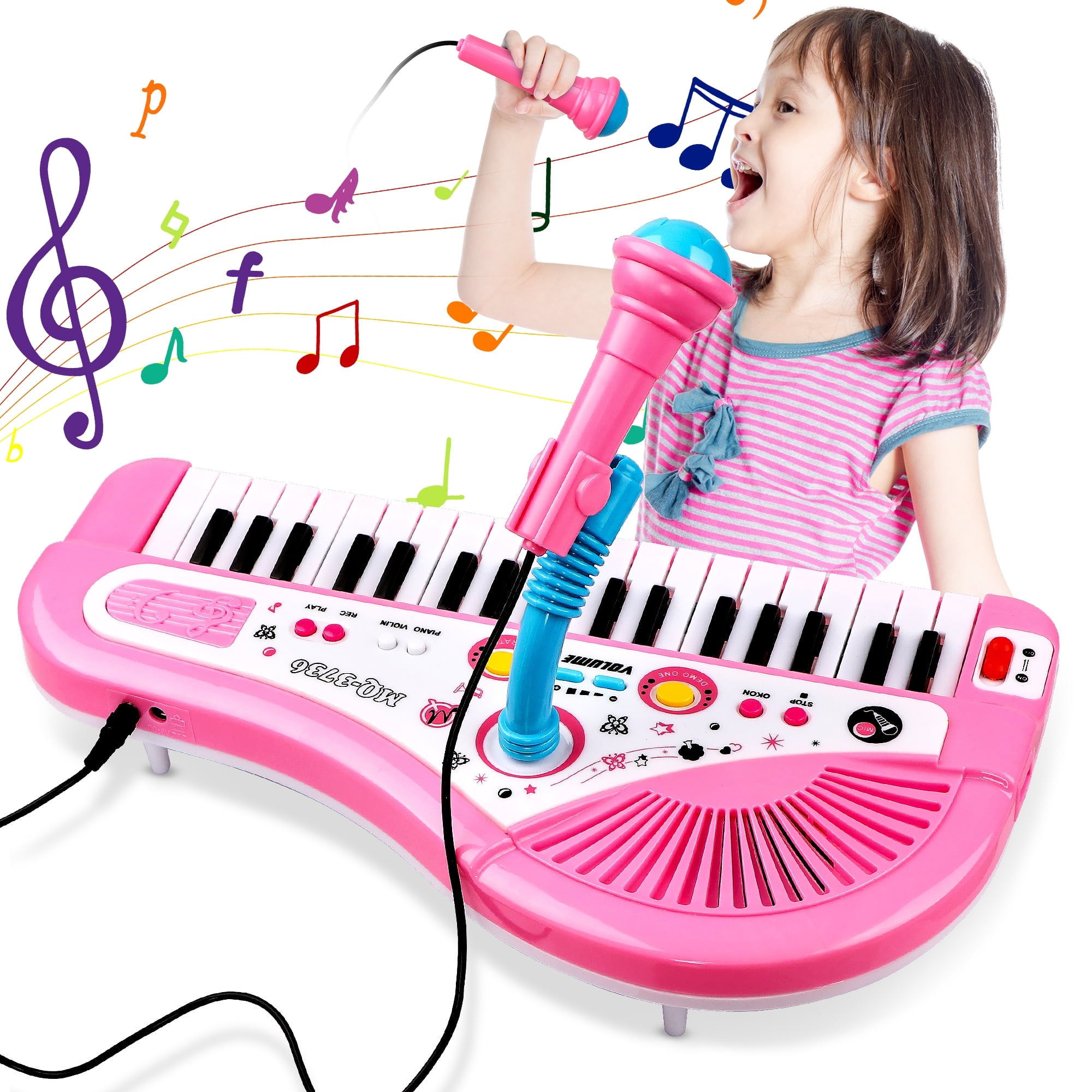 Baby Piano Toys for Kids, Pink Musical Keyboard Instrument with Microp ...